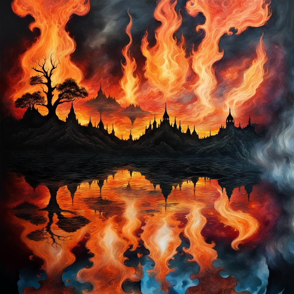 (Firey reflections in water: 1.7) Detailed sunset fire painting ...