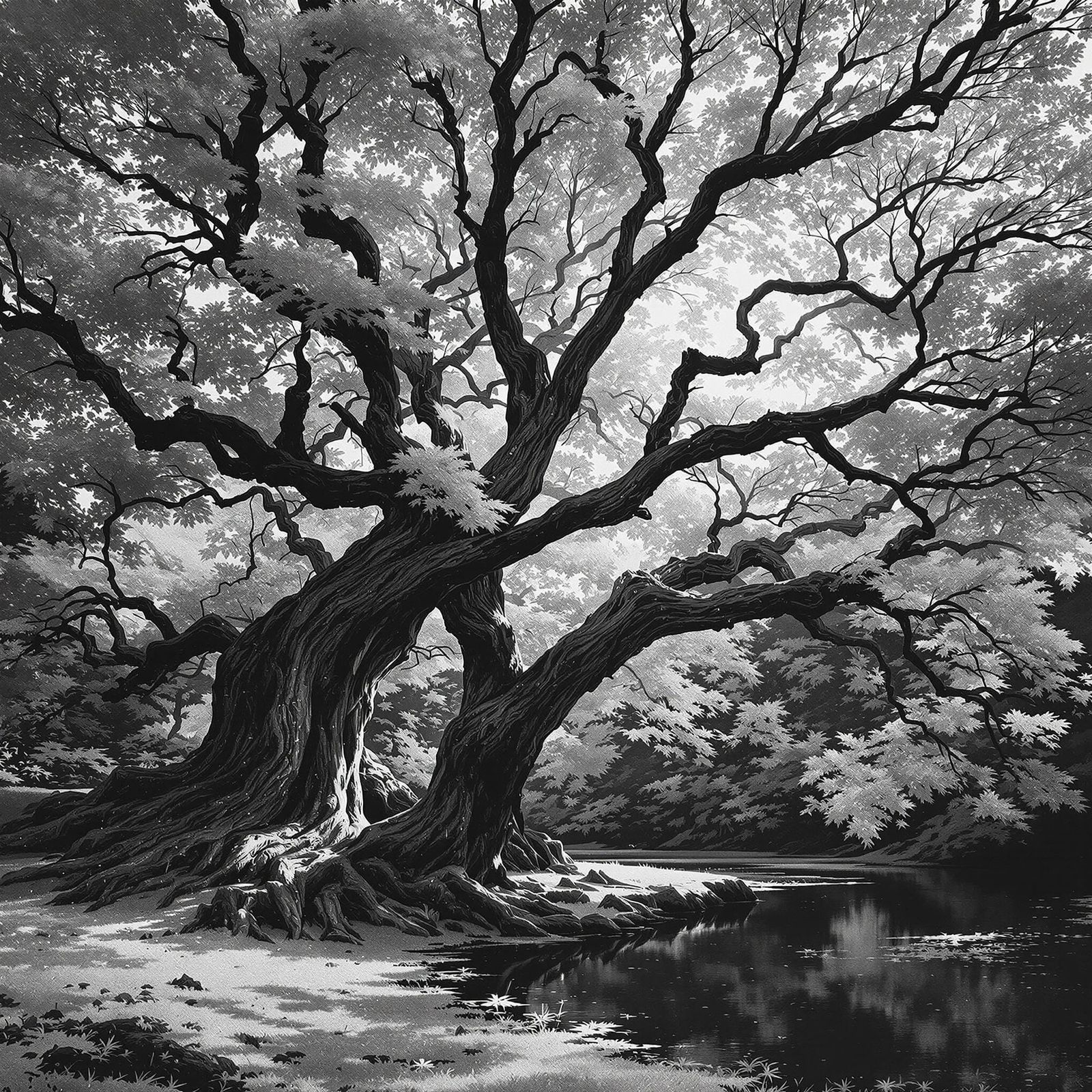 Gnarled Tree Guardians Monochromatic Landscape - AI Art