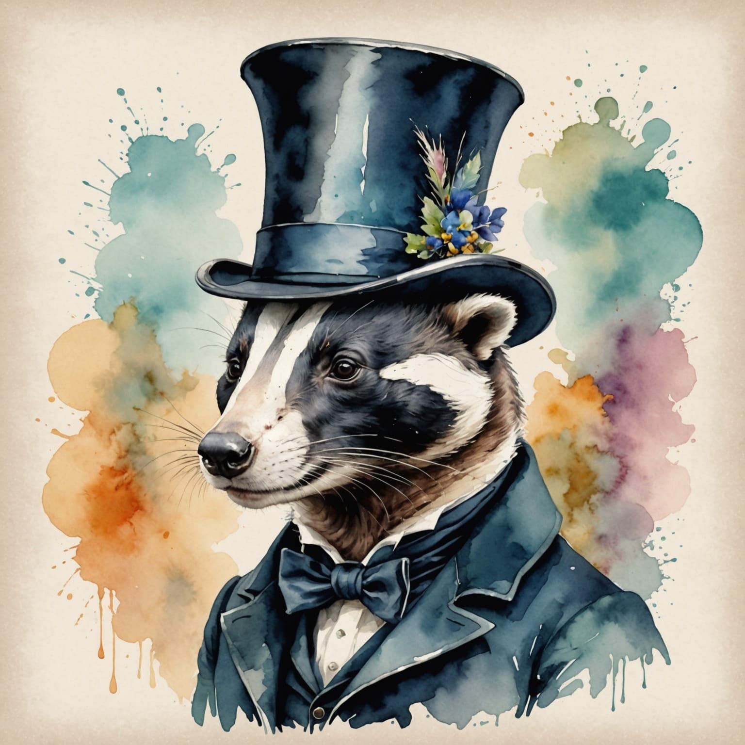 Watercolor portrait of an English Badger in a Top Hat in the whimsical ...