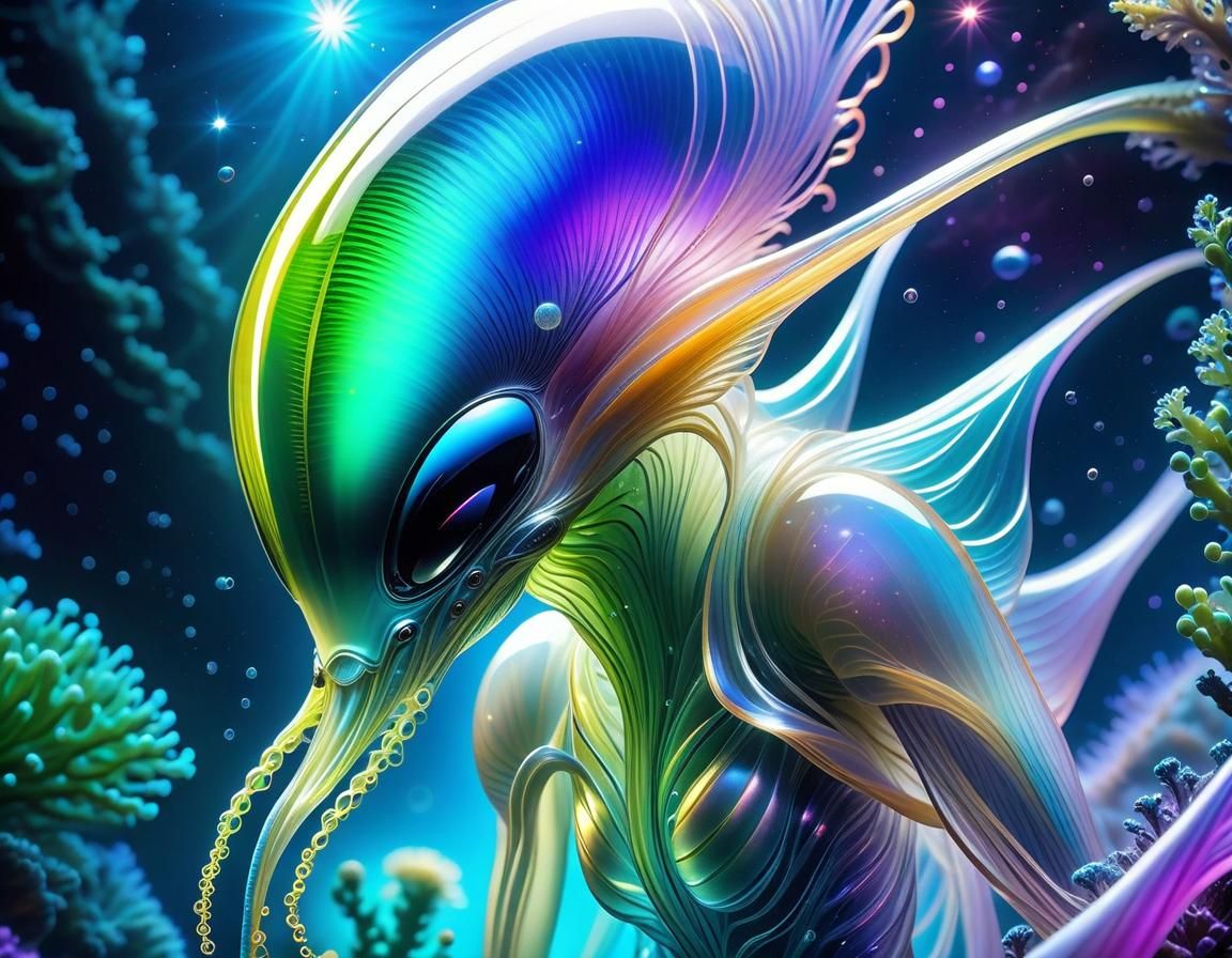 (Stunningly beautiful ethereal translucent water alien-like muliticolored microbiological ...