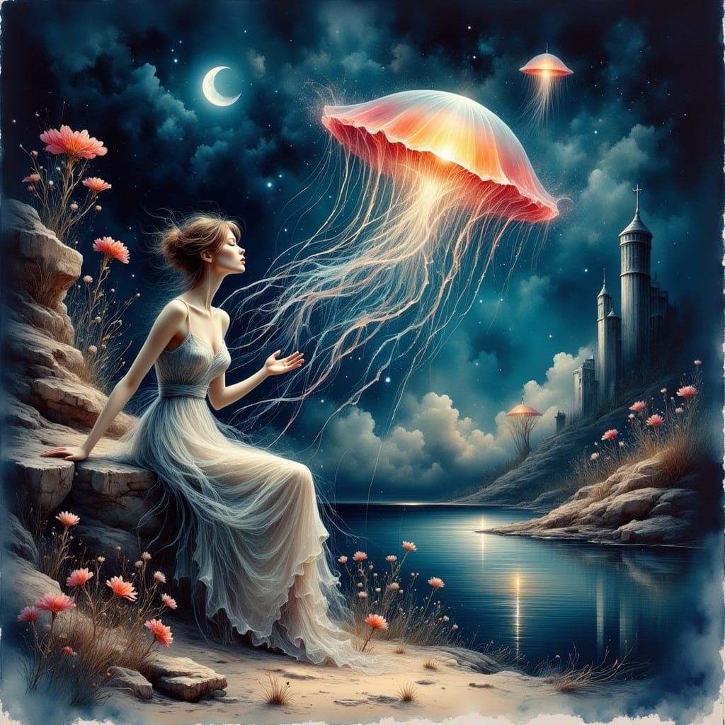 Ethereal Magic Portrait in Ink Wash Style - AI Art