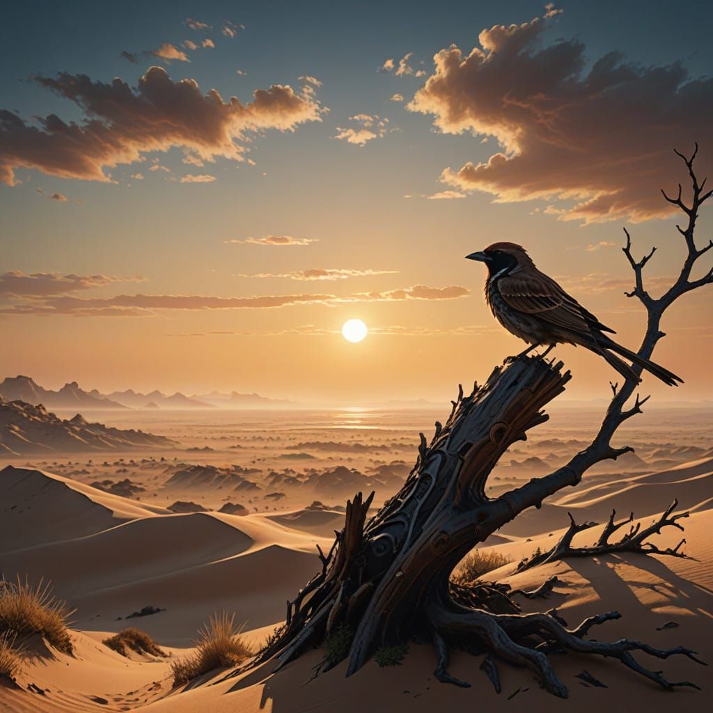 Sparrow on Tree Branch, Contrasting with Rising Dr... - AI Art