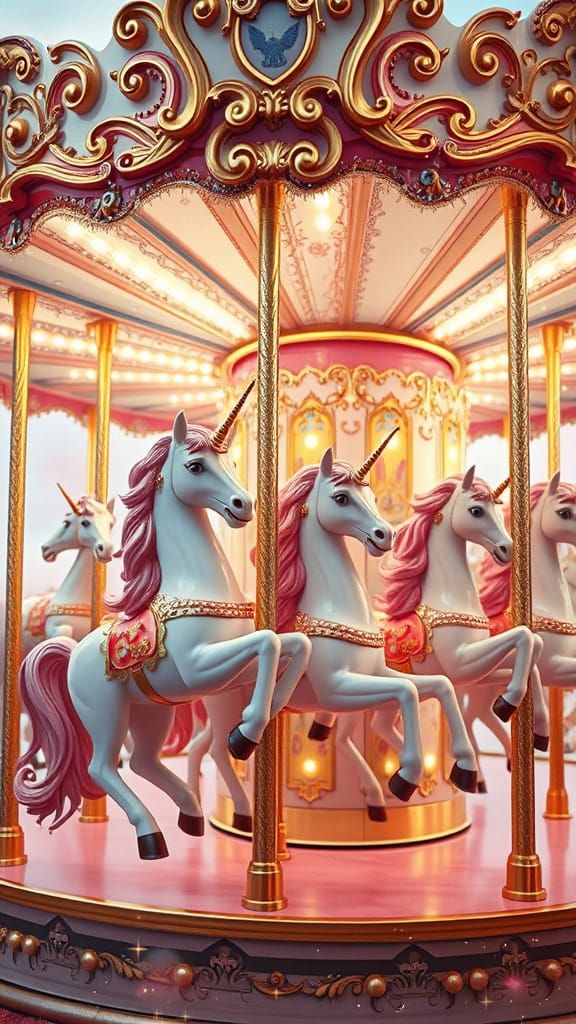 Fantasy dreamlike carousel of unicorns in pastel colors 🦄