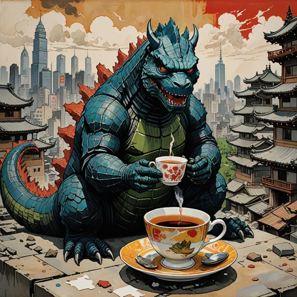 Godzilla Sips Tea in Ruined Tokyo, Inspired by Ego... - AI Art