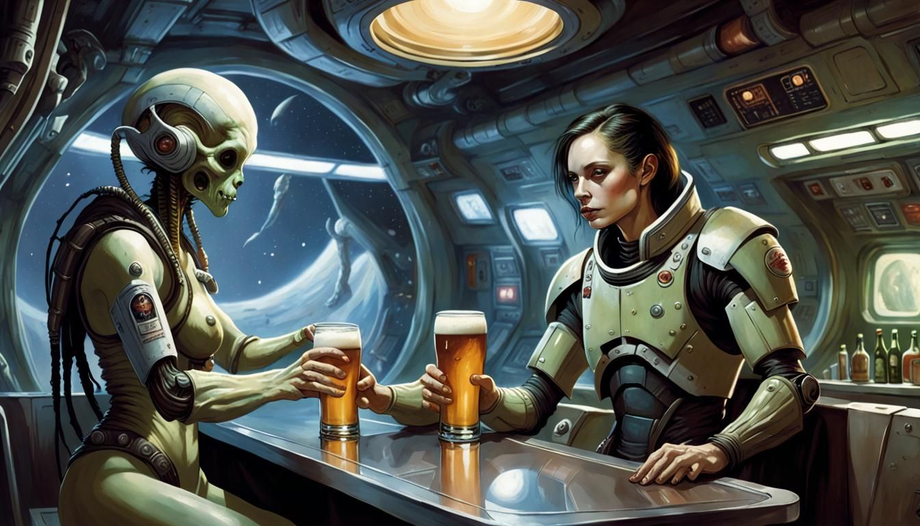 Alien and Human having beers together in a space station bar, Laura ...