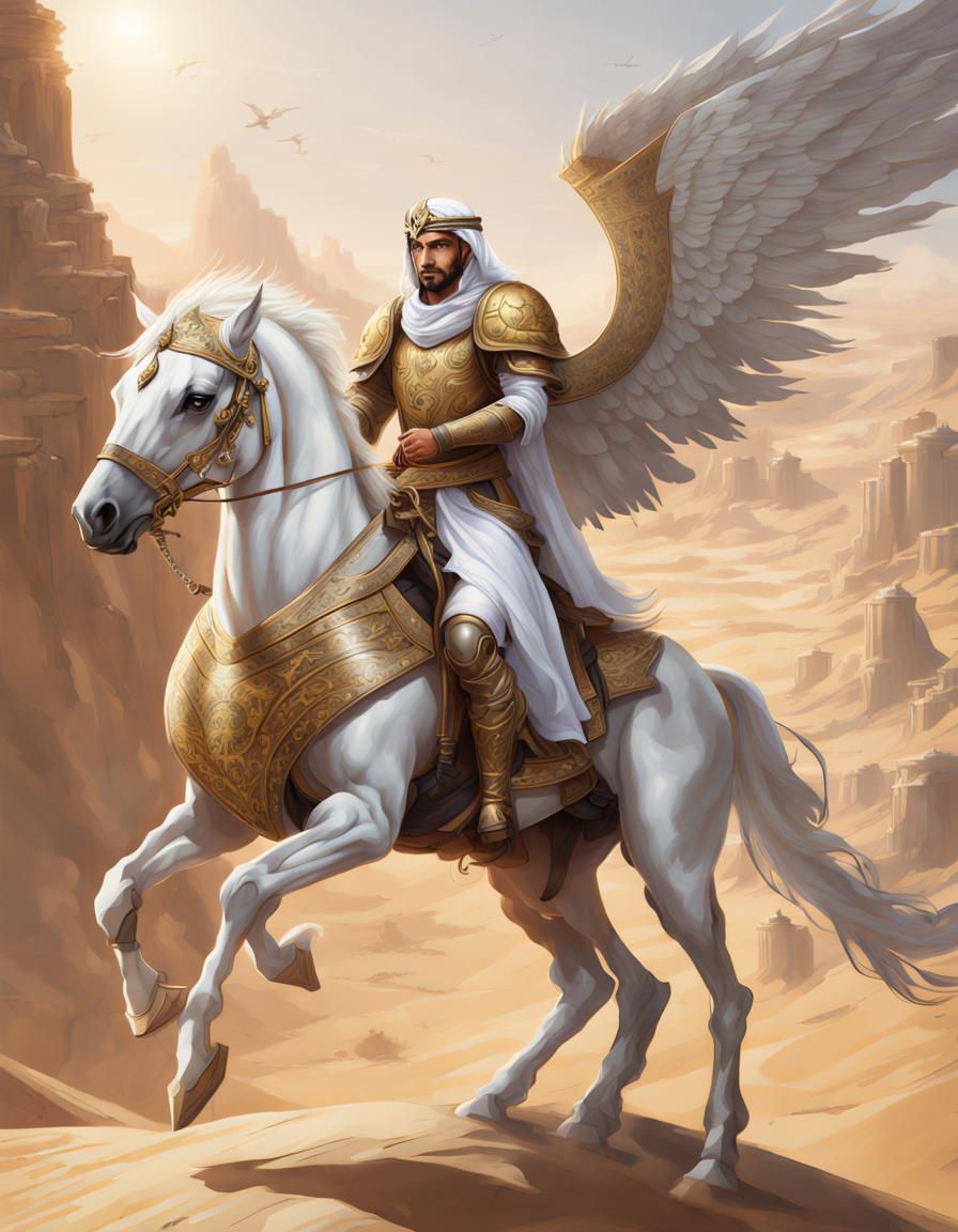 Male Paladin wearing Arab armor riding a white Pegasus : r/nightcafe