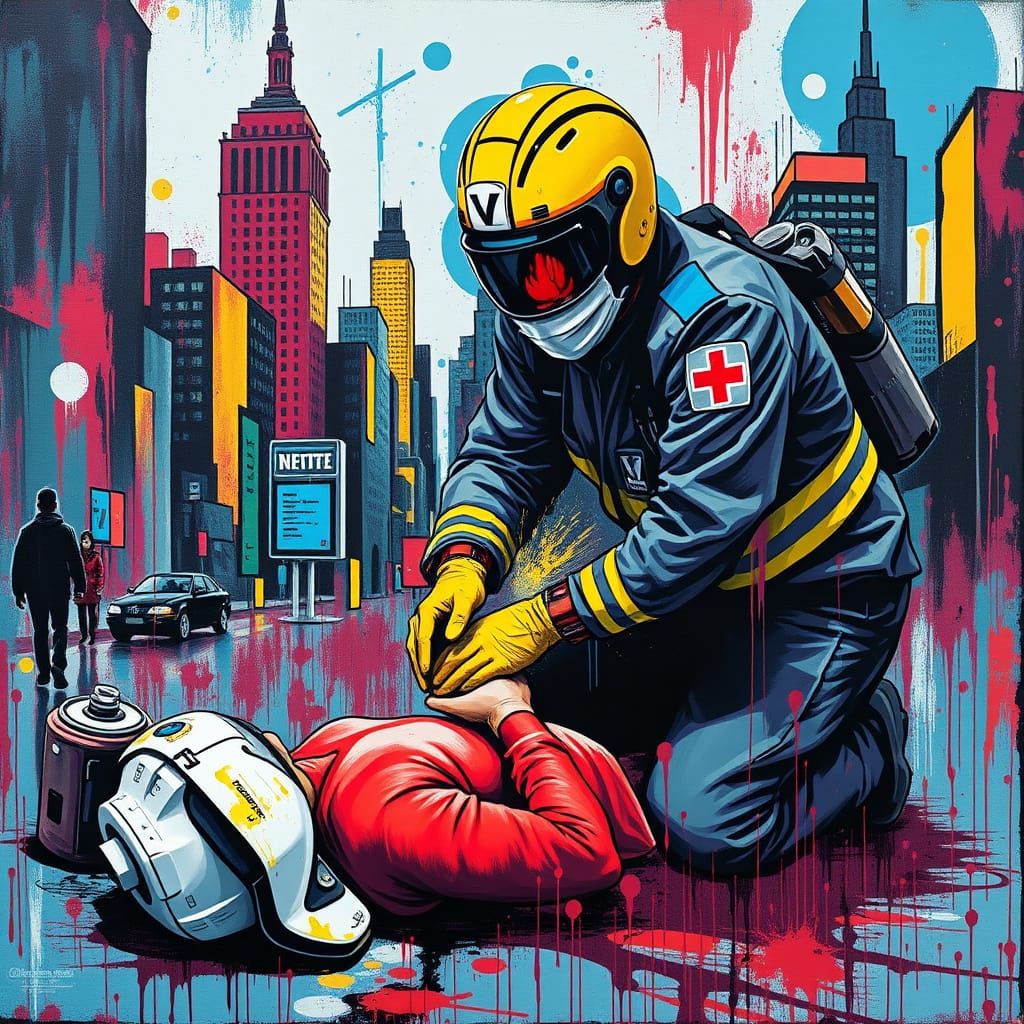 Urban CPR Scene in Vibrant Graffiti Style - AI Art