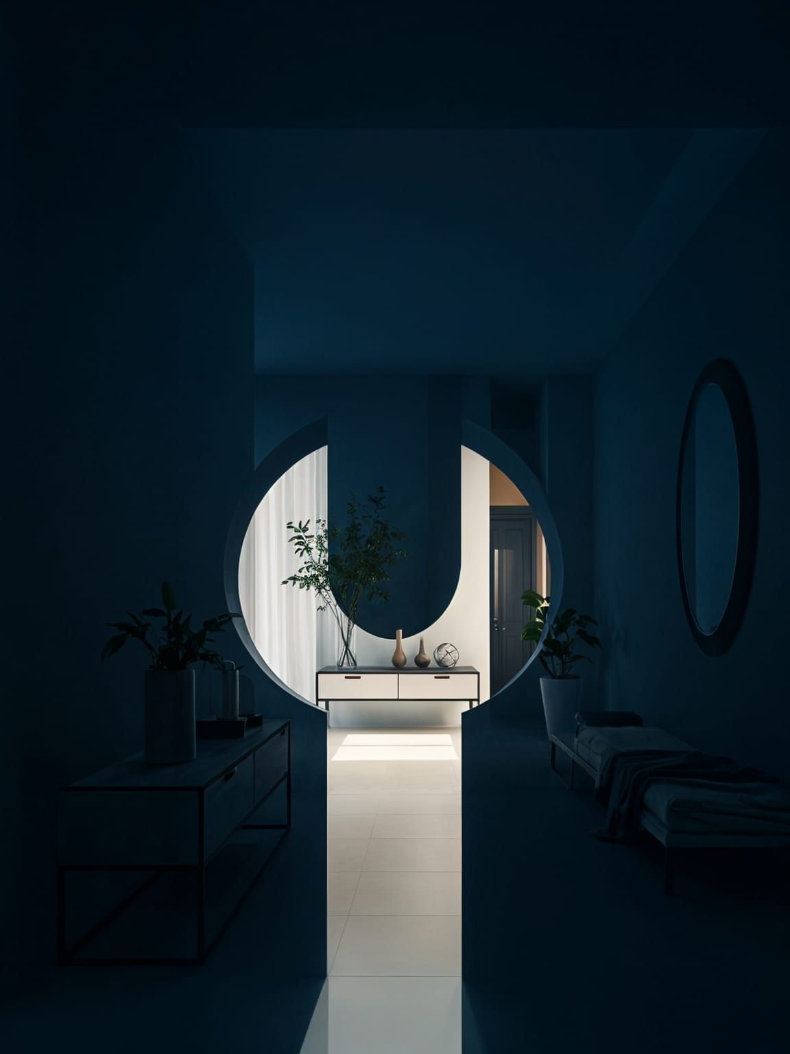 Surreal Blue Partition Reveals Luxurious Living Ro... - AI Art