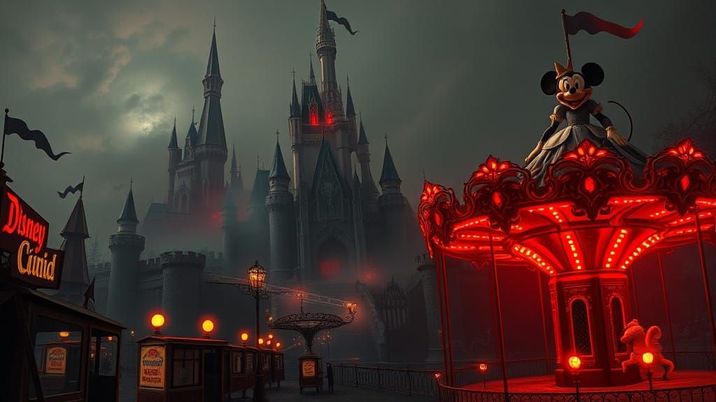 An eerie dystopian version of Disneyland, shrouded in darkness and neon ...