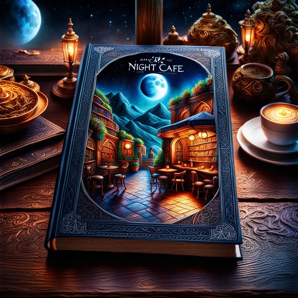 Fantasy Book cover of Night Cafe Land on mockup intricate details,Write ...