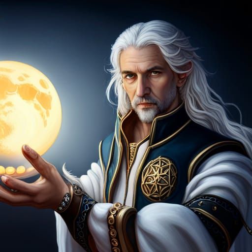 Warlock, long white hair, crystal ball, full moon hyperdetailed ...