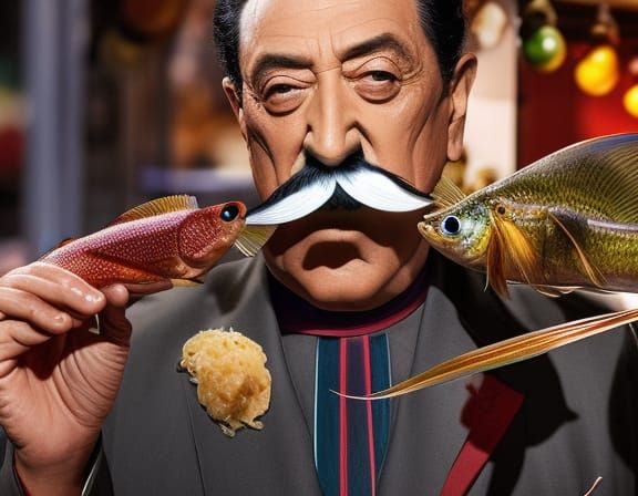 Salvador Dali the surrealist painter working at the market selling fish ...