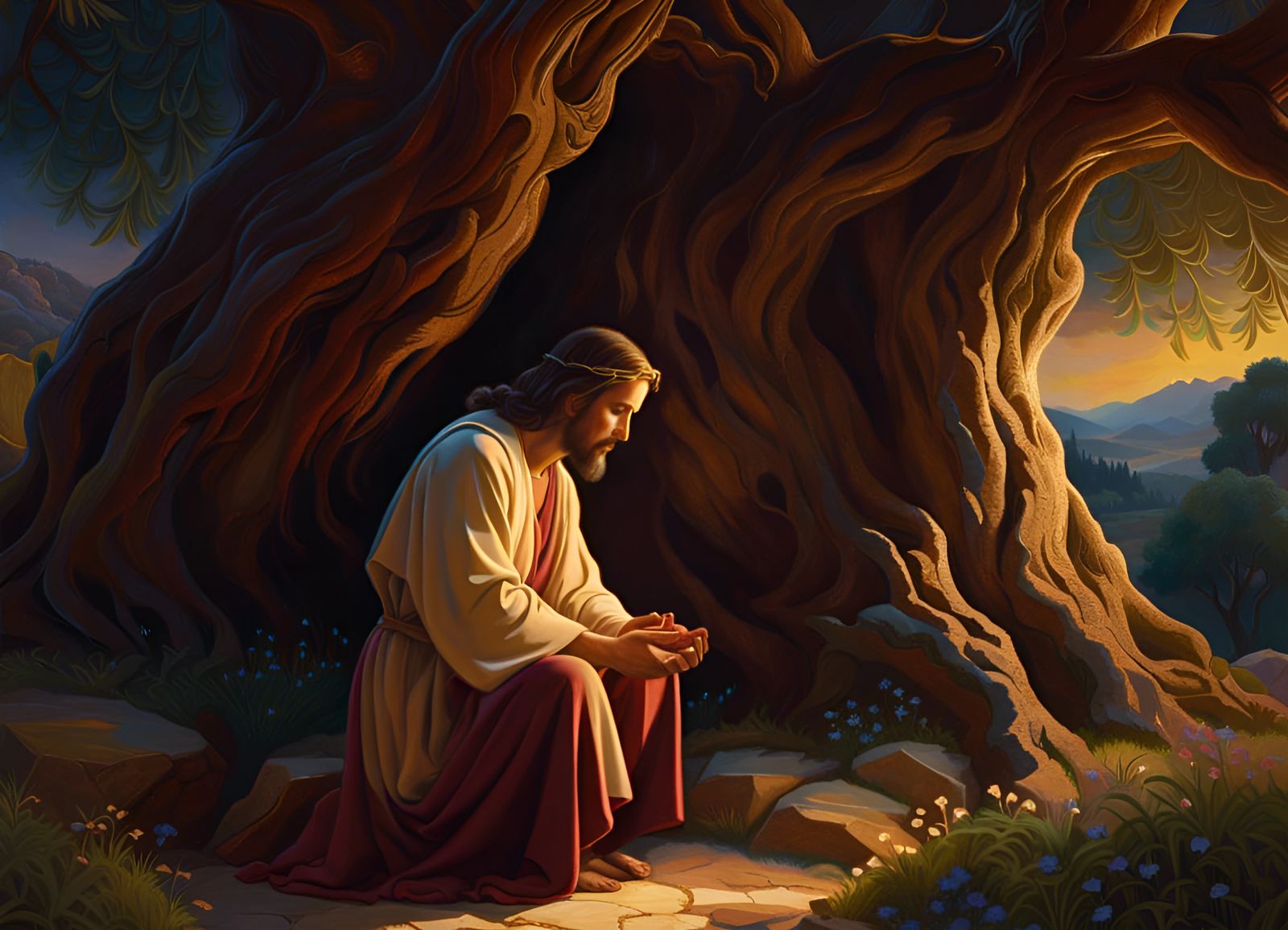 "Close-up portrait of Jesus at mid-night in prayer under an Old Olive ...