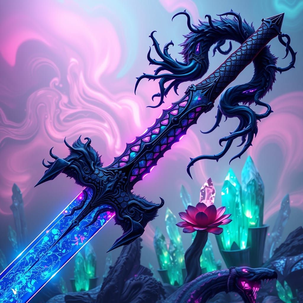 Cyberpunk Void Sword with Iridescent Dragon Scales... - AI Art