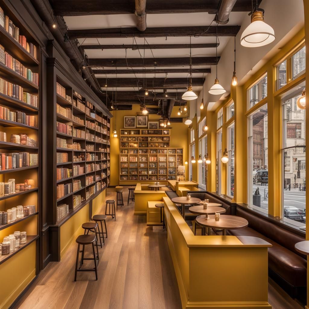 Cafe shop with books lining the side shelves of the walls, almost ...