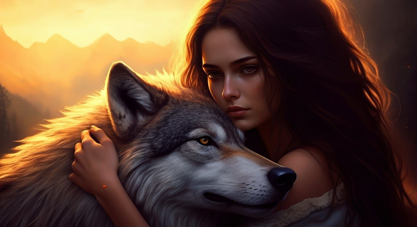 peinture d'un loup et d'une sublime jeune femme brune dans ses bras au coucher du soleil dans un ...