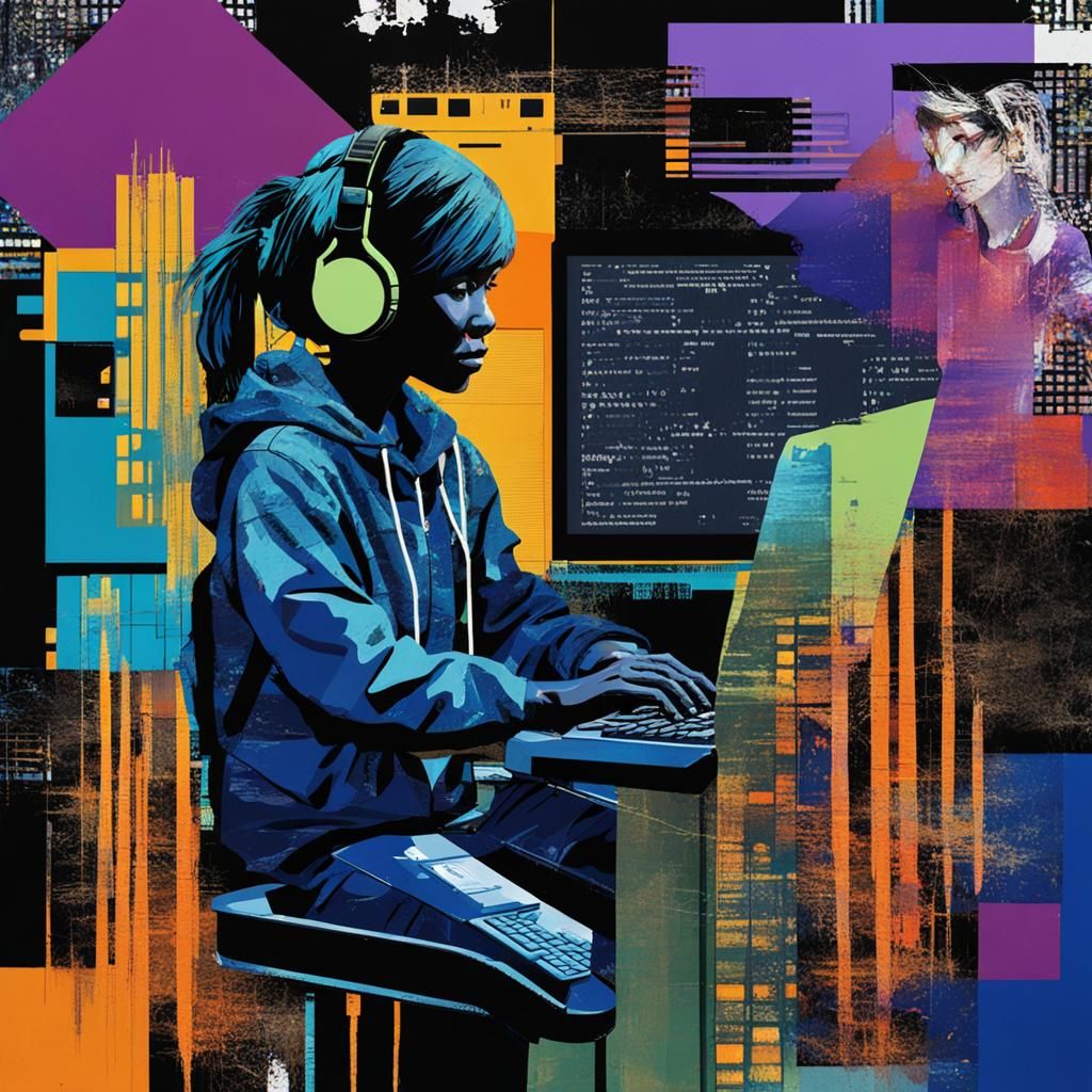 a mixed media patchwork portrait of Female a computer programmer using ...