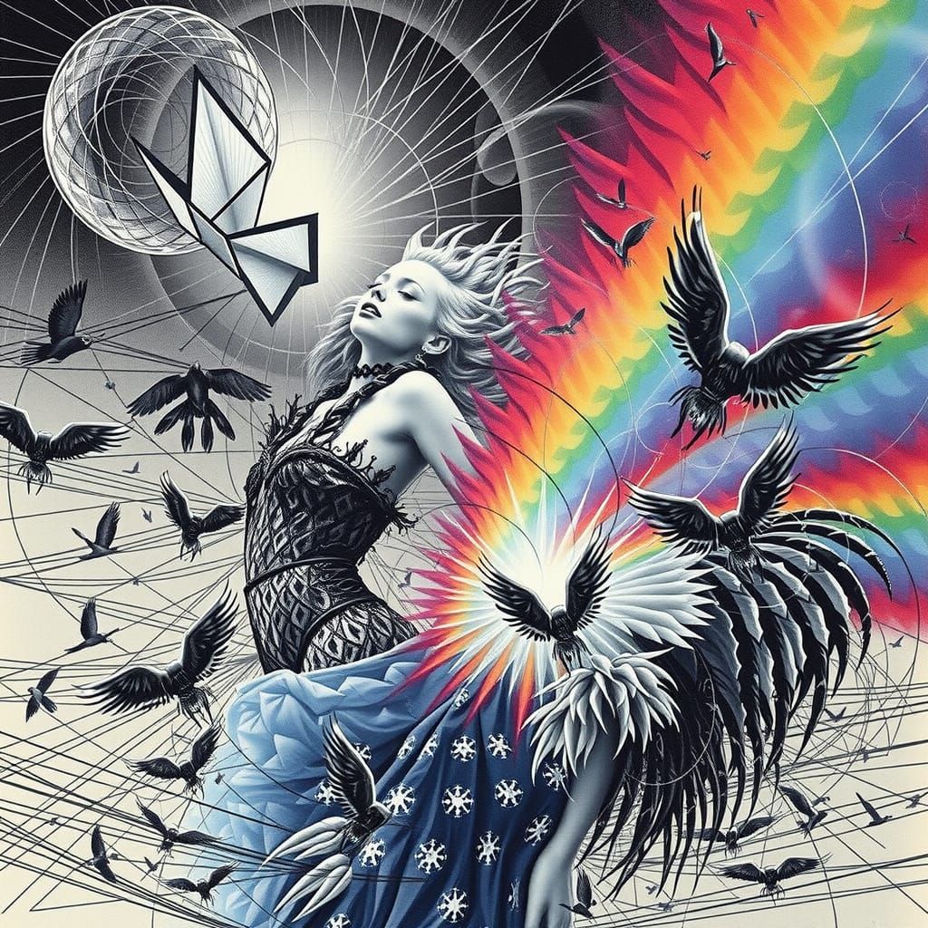 Geometric Red Winged Model in Dada-Inspired Fashio... - AI Art