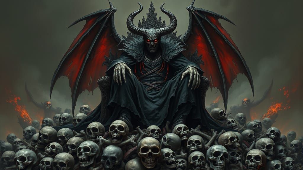 the king of demons sitting on his throne of bone atop a mound of skulls