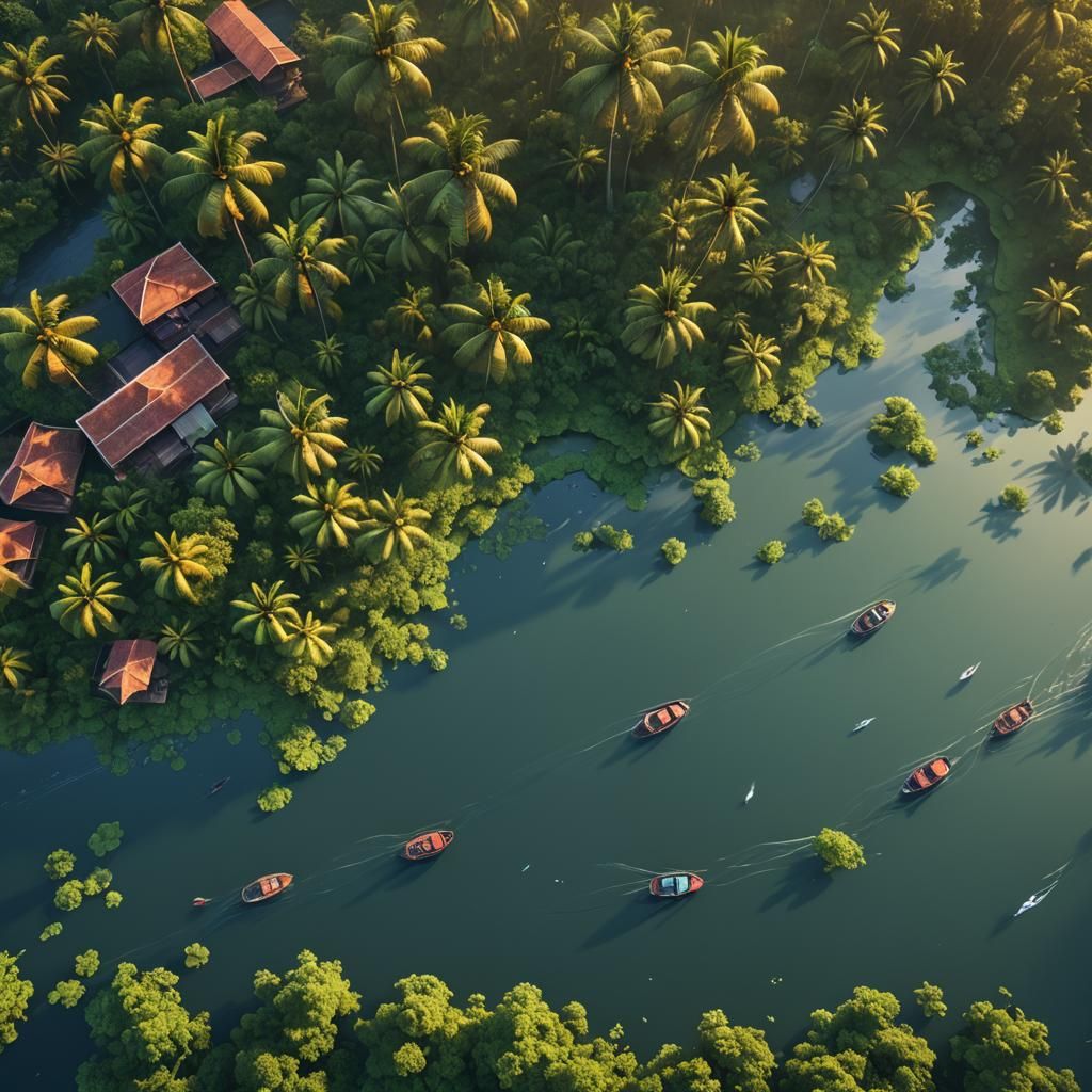 Drone view of a Kerala backwater with boats passing beyond the water ...