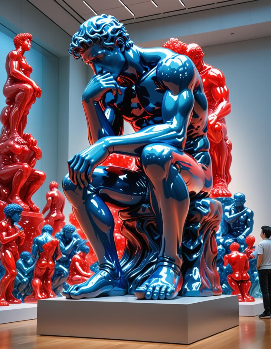 The Thinker Monument in blue and red jelly form, in a museum , people ...