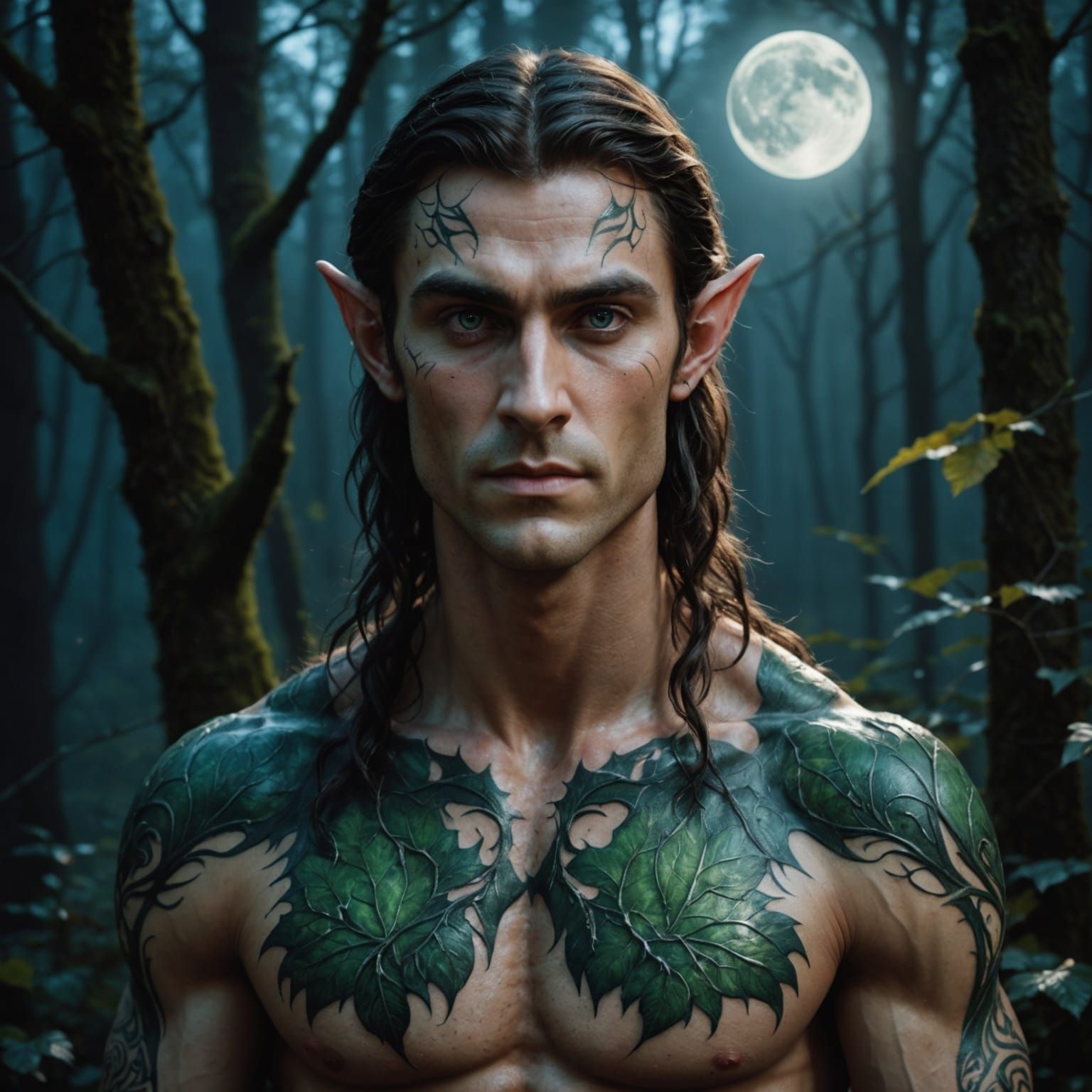Darkly Beautiful Male Elf in a Moonlit Forest - AI Art