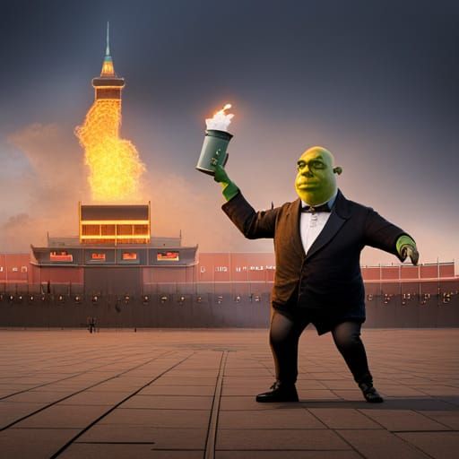 shrek throwing a molotov cocktail at tiananmen square - AI Generated ...