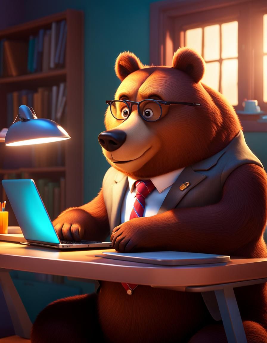 brown bear works on a laptop; bear sits at a desk, laptop is on top of ...