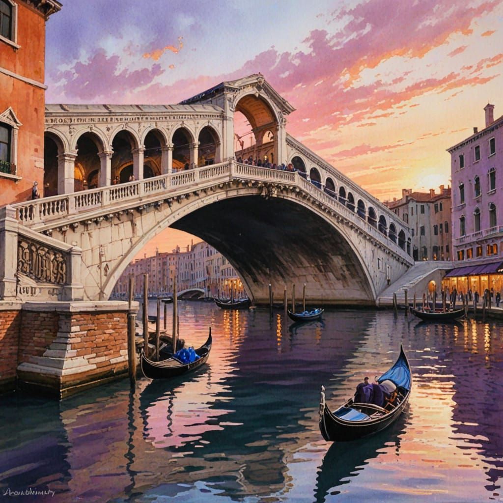Rialto Bridge in Venice, Italy, the iconic stone bridge at sunset