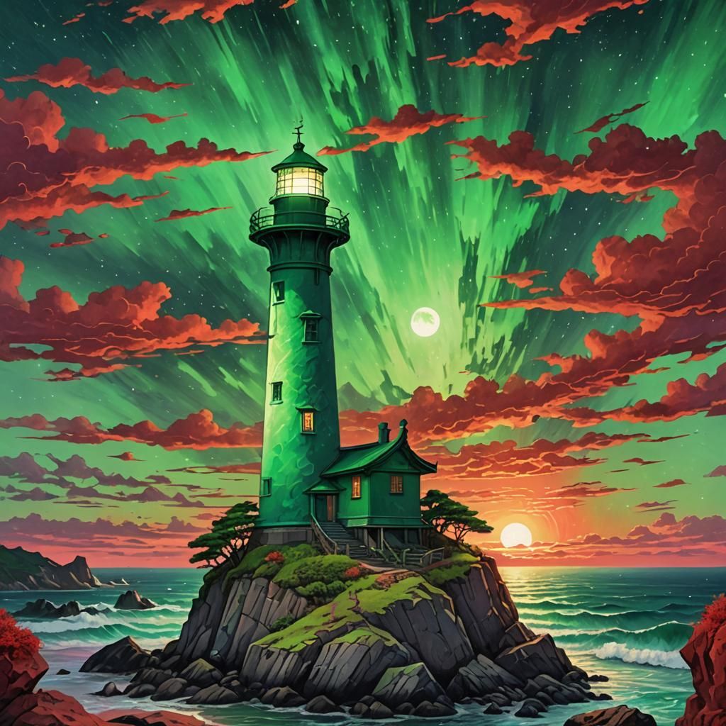 Green painted Lighthouse with japanese roof in a red sunset on small ...