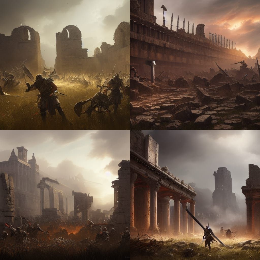 Ruins of a old roman battle field with sword and shields on the battle ...