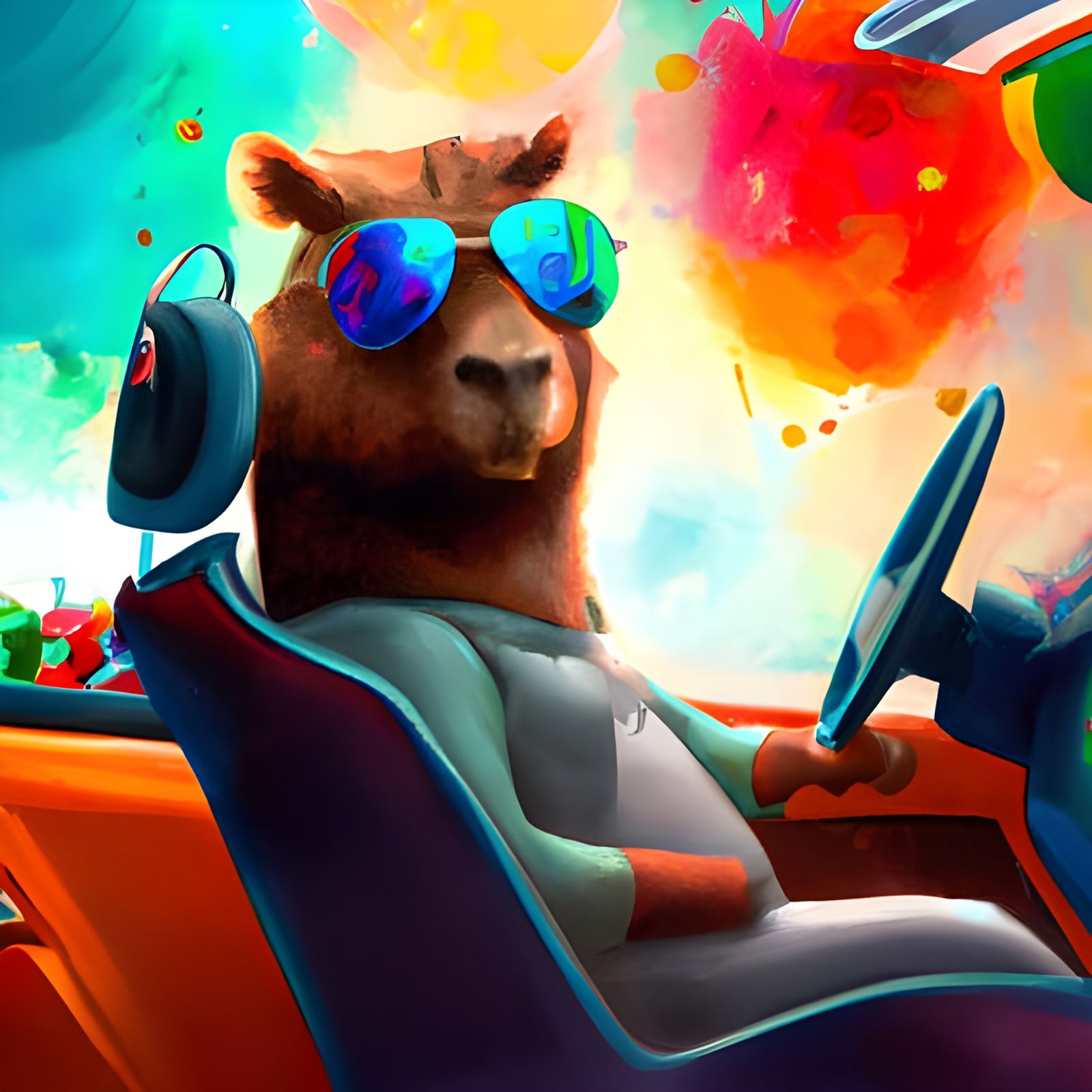 capybara with sunglasses in a convertible riding on a spaceship full of ...