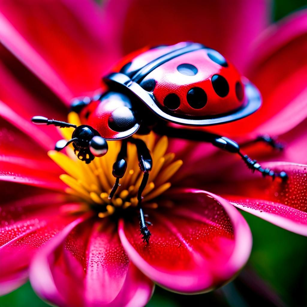 mechanical ladybug on a metal petal of a mechanical flower, close up ...