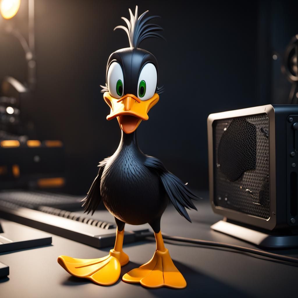 daffy duck singing ,big mic ,big music notes floating,AMD , GeForce RTX ...