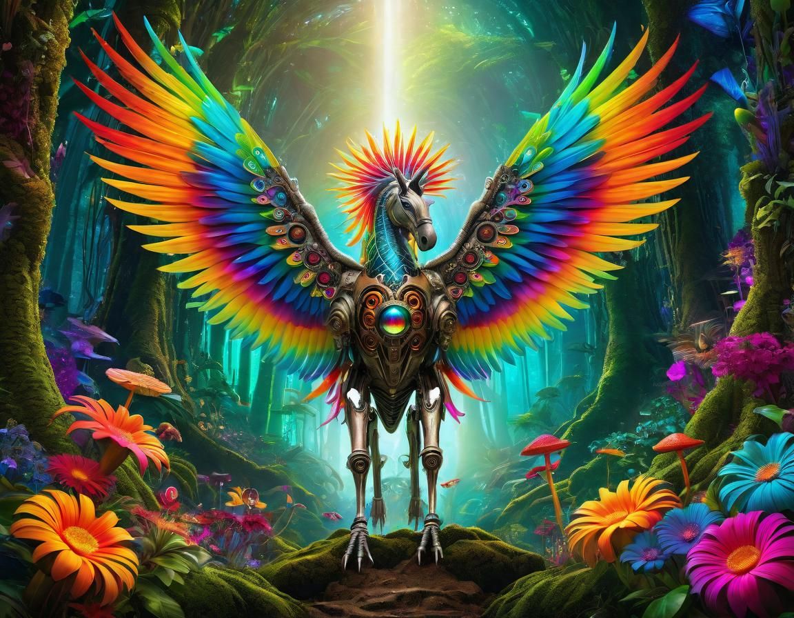 Steampunk Rainbow Pegasus in mystical forest - AI Generated Artwork ...