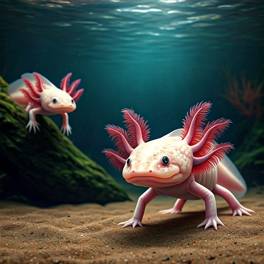 Create a hyper-realistic depiction of two axolotls in a crystal-clear ...