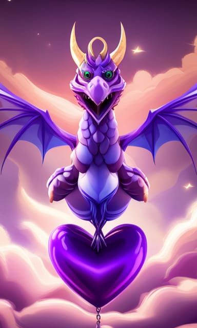 sharp slick purple dragon flying while holding a purple ribbon that makes a purple peter eater ...