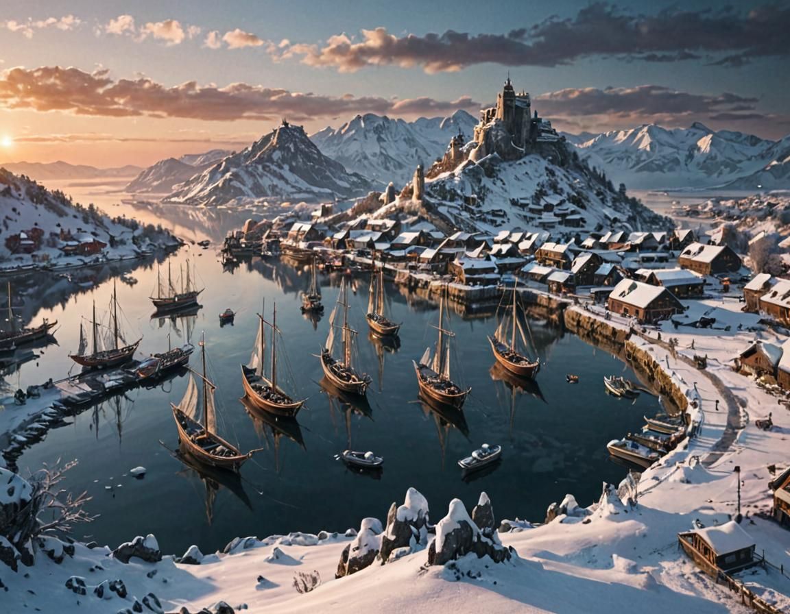 Dragon view of a fantasy harbour full of boats. It#s cold and the Water is frozen and there is ...