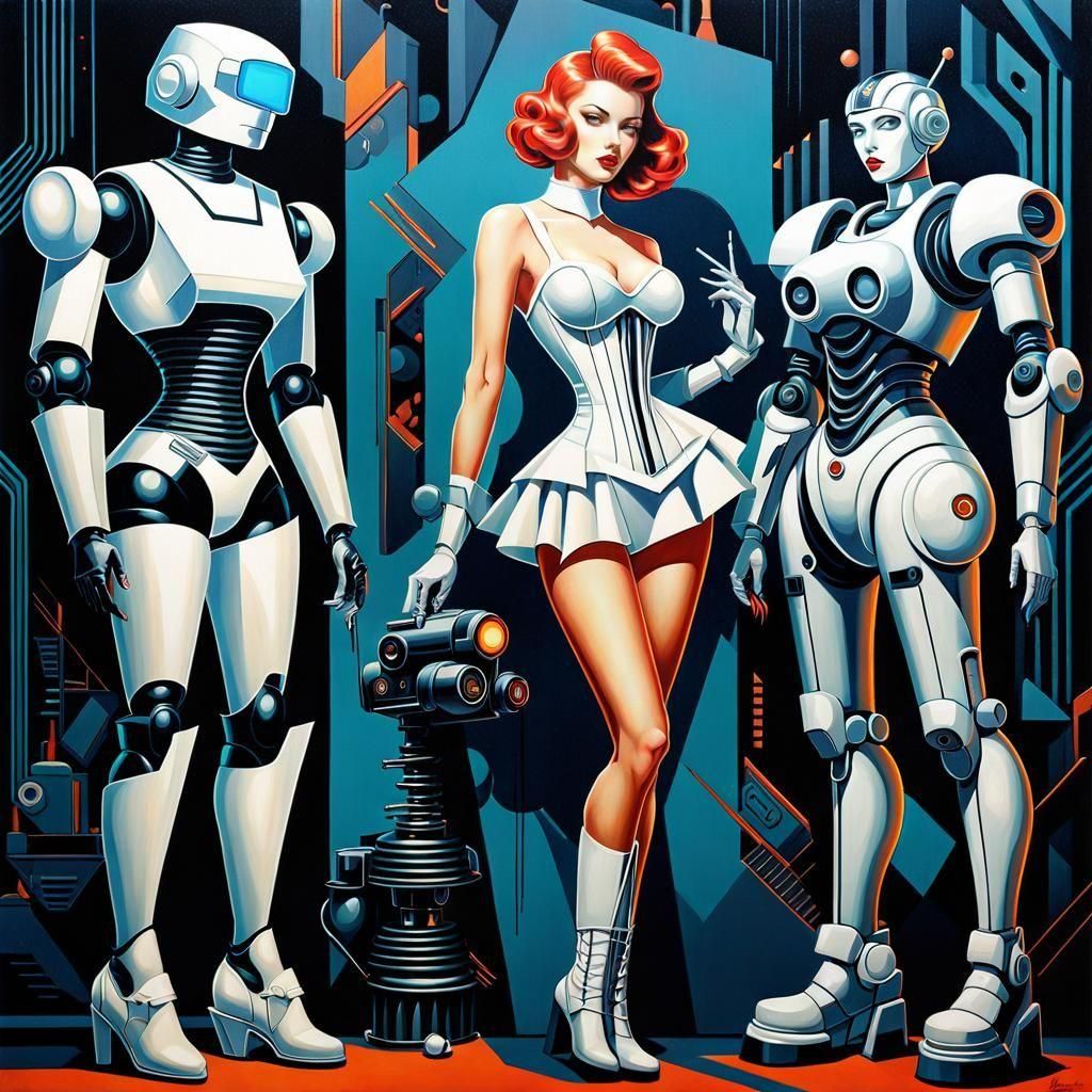 Cyberpunk pin-up girl with robots. (5) - AI Generated Artwork - NightCafe Creator