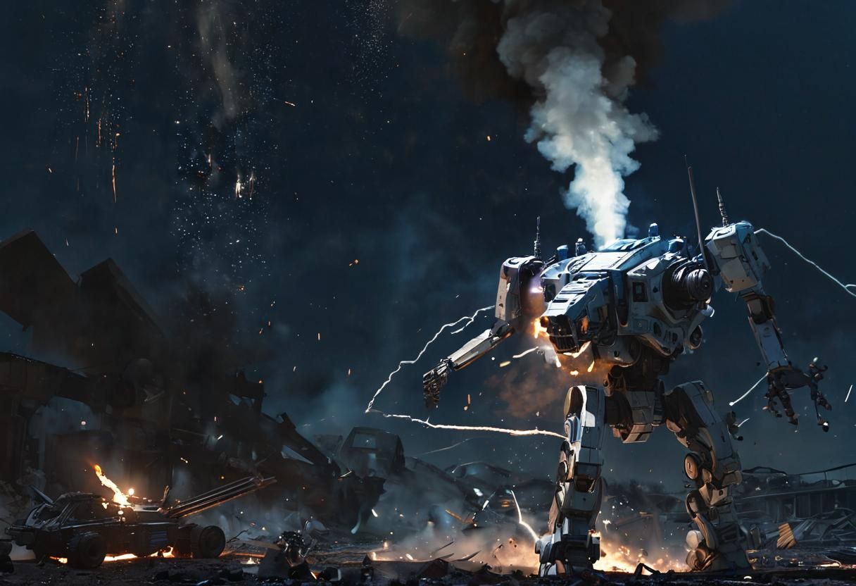 Damaged mech before disaster - Cyberpunk Mech War in Sepia-T...