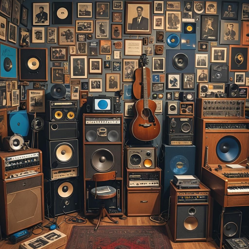 Produce an image of a Blues musician's vintage recording studio, with ...