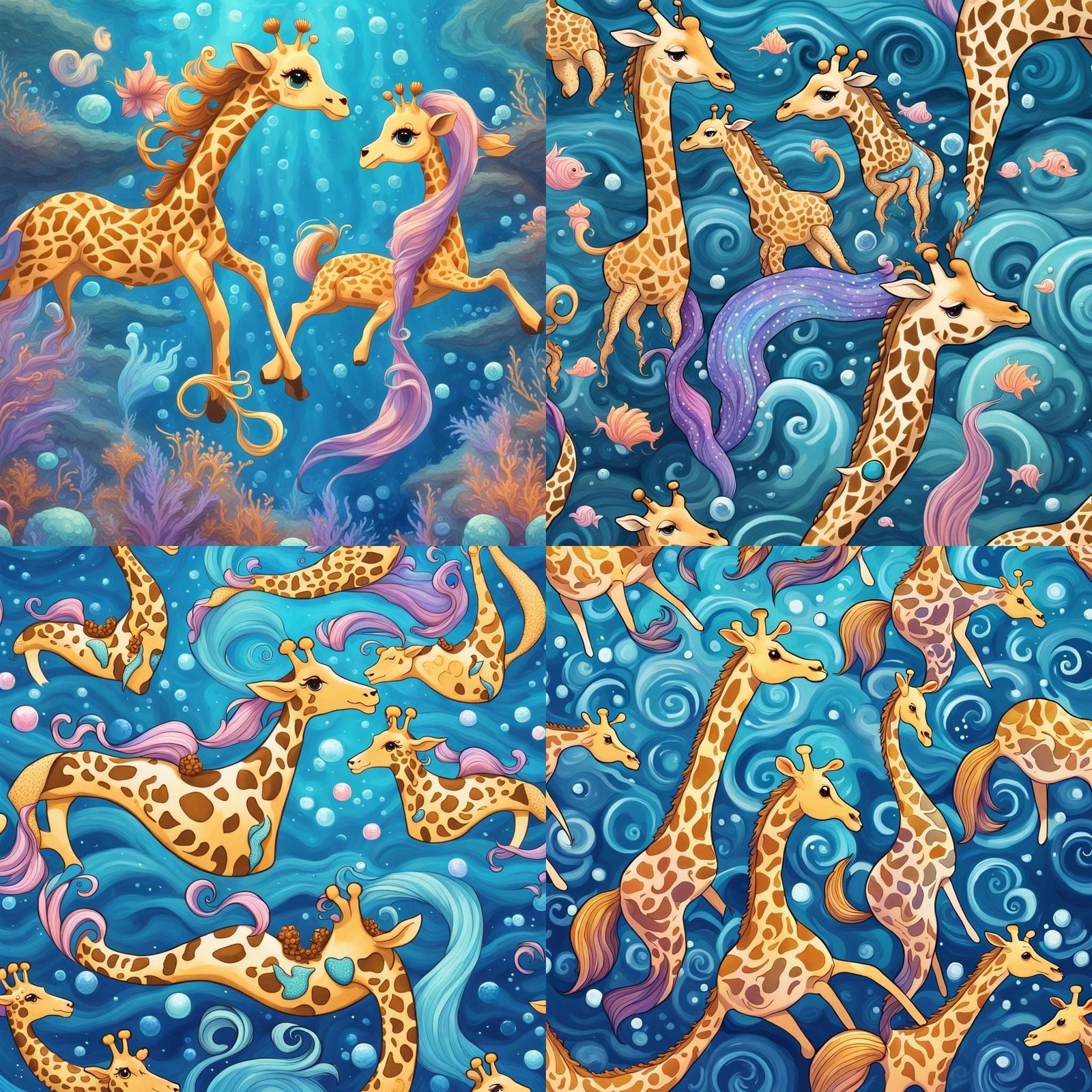 Chibi Giraffe mermaids swimming in a swirling sea. 🌊 majestic giraffes with a Long sparkly ...