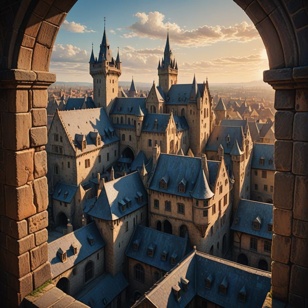 Medieval Castle Tower Panorama in Golden Light - AI Art