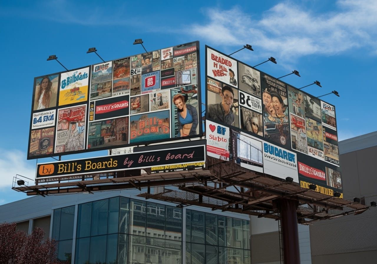 A billboard for"Biilboards by Bill's Boards, Bill Board, Board Builder." It shows billboards of ...