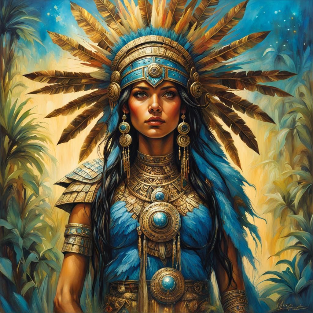 Beautiful Aztec princess in blue and gold warrior costume - AI ...