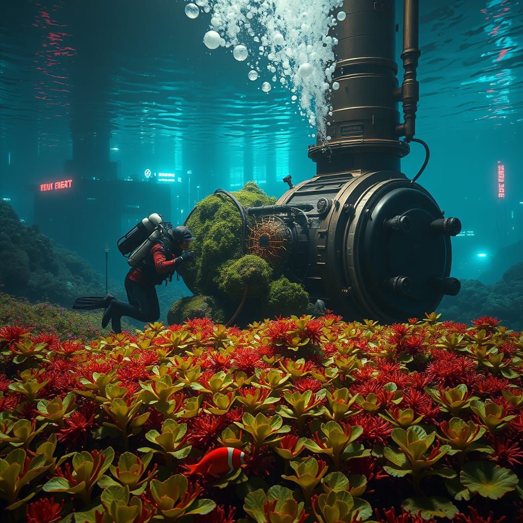 Cyberpunk Marine Farm with Steampunk Engine - AI Art
