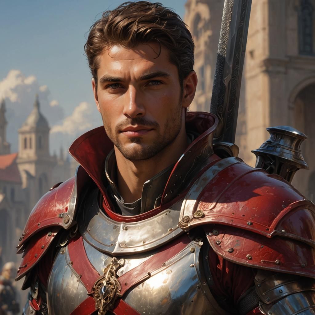 High Fantasy epic attractive male heroic knight, kind smile, silver and ...