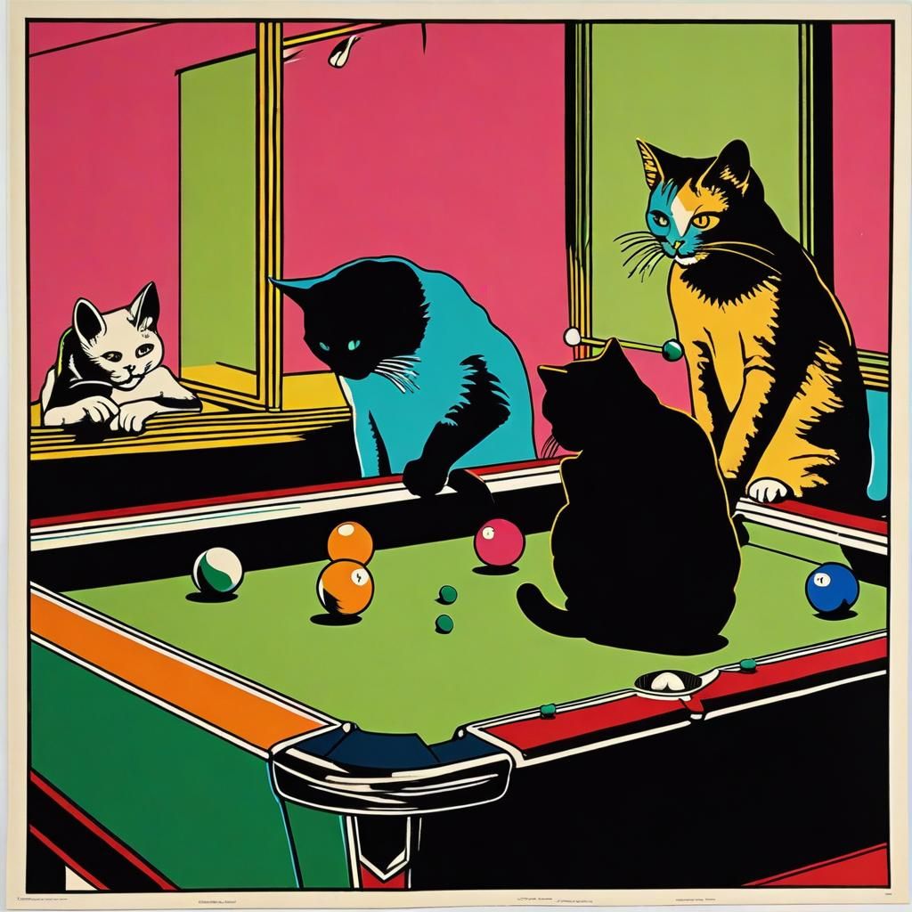 four color screenprint of cats playing pool - AI Generated Artwork ...