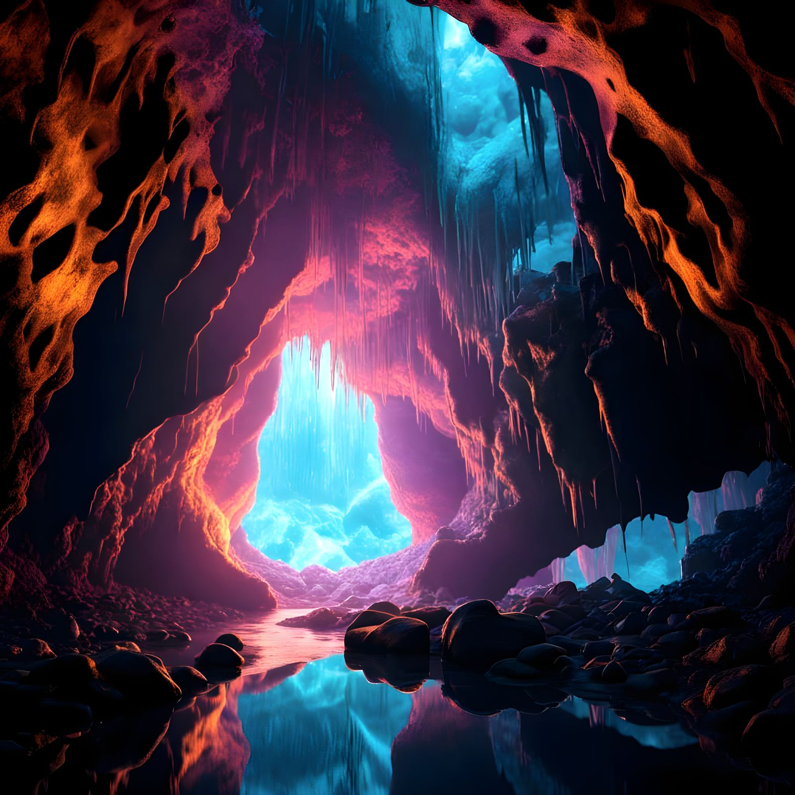 1. Views inside a dipping glacial cave in a mountain cliff ethereal ...