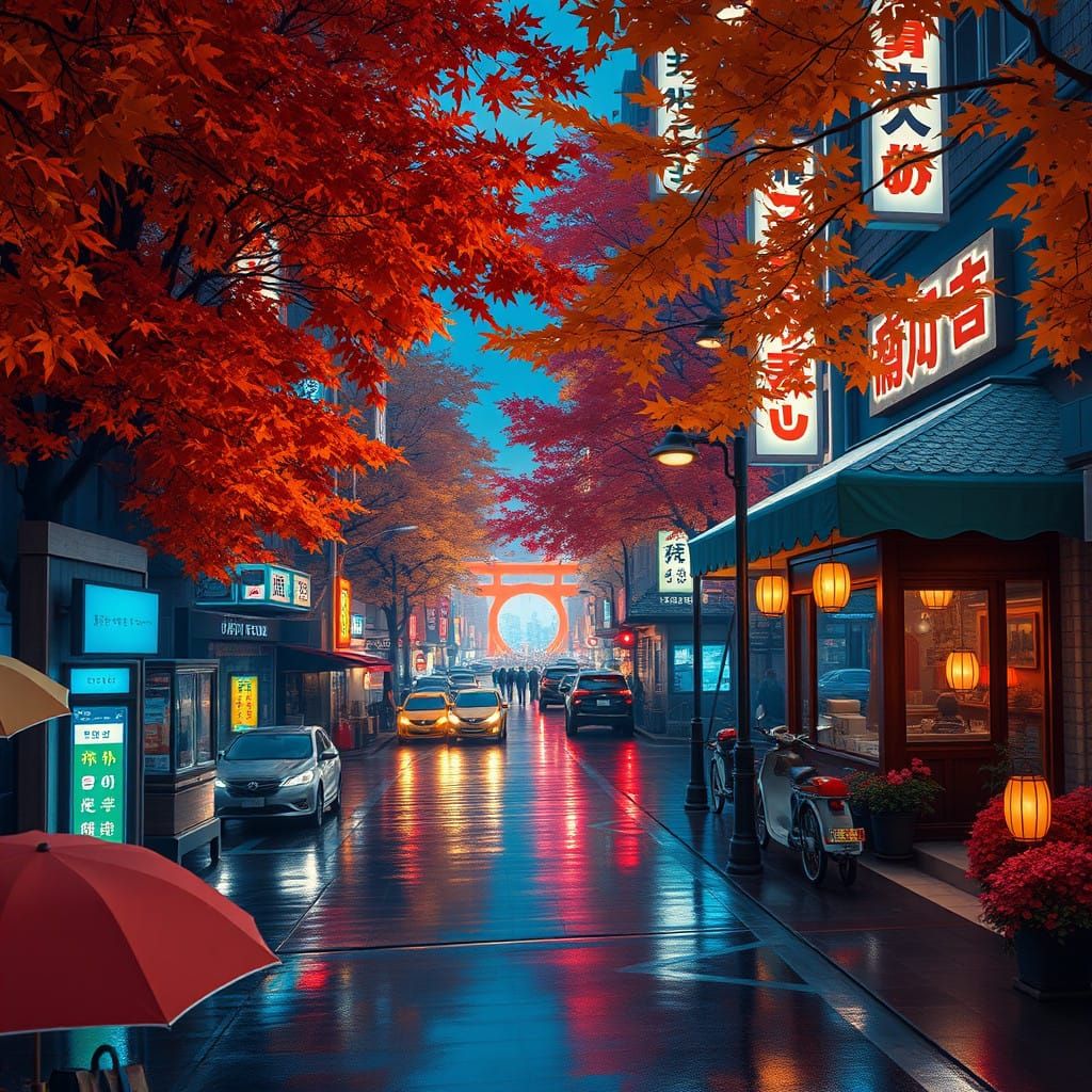 Surreal Tokyo Scene at Dusk: Autumn Foliage Meets ... - AI Art